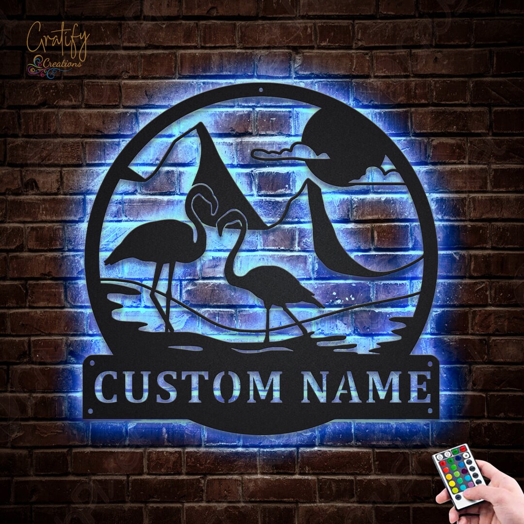 Flamingo Bird Metal Sign LED Lights V6, Custom Flamingo Wall Art ...