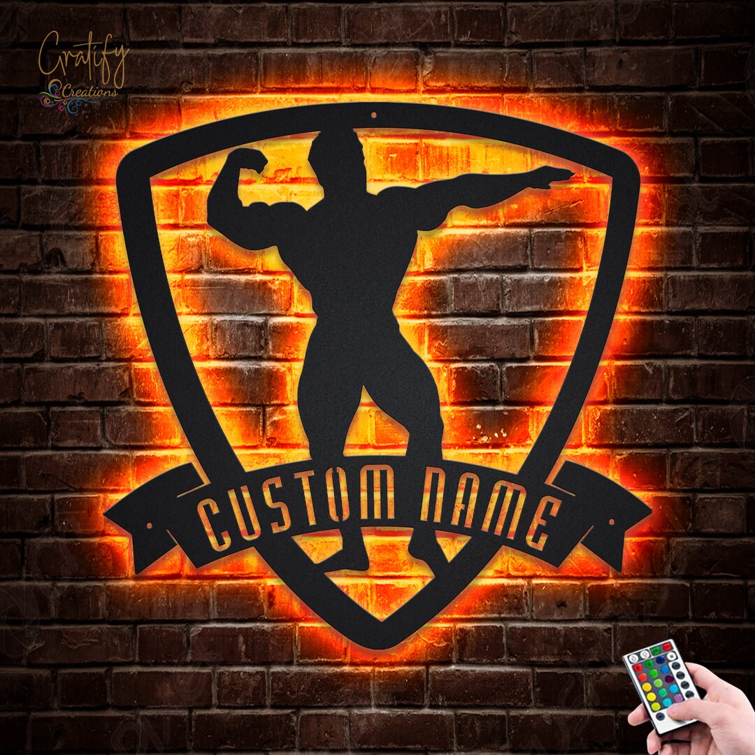 Male Bodybuilder Metal Sign LED Lights V1, Custom Bodybuilder Metal ...