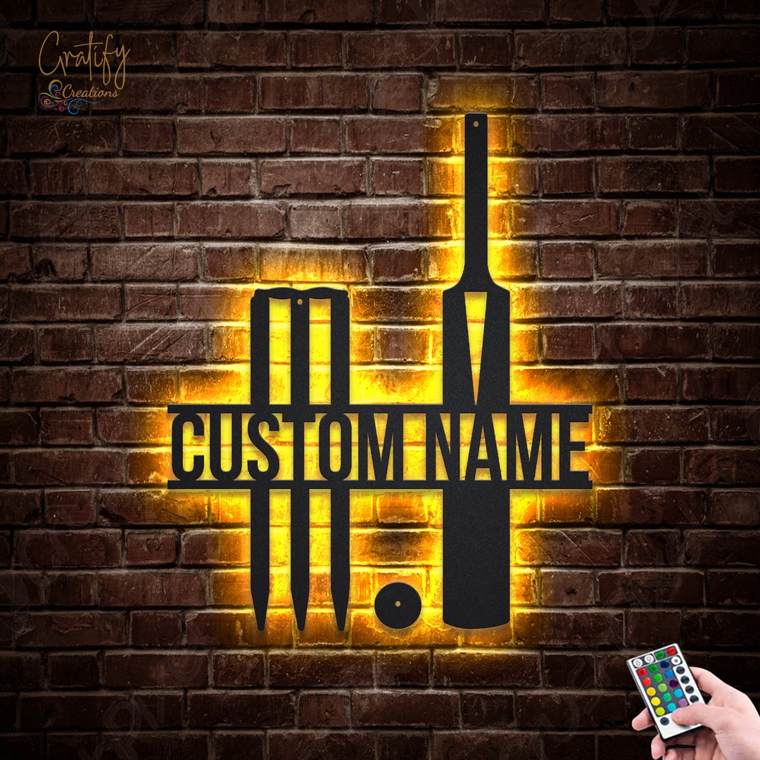 Cricket Stump Sport Metal Wall Art LED Lights V5, Custom Cricket Sport ...