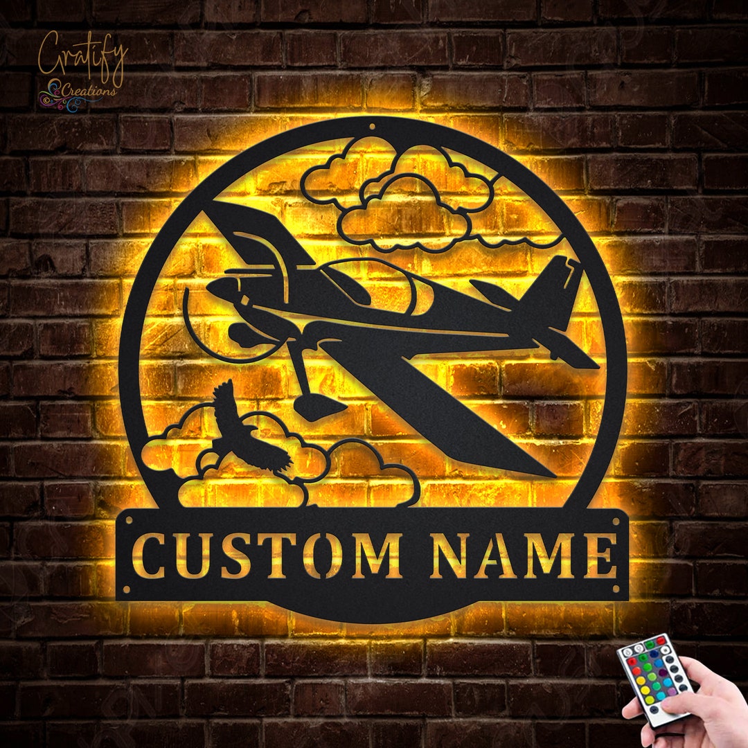 Custom Airplane Metal Wall Art LED Light Personalized Pilot Name Sign ...