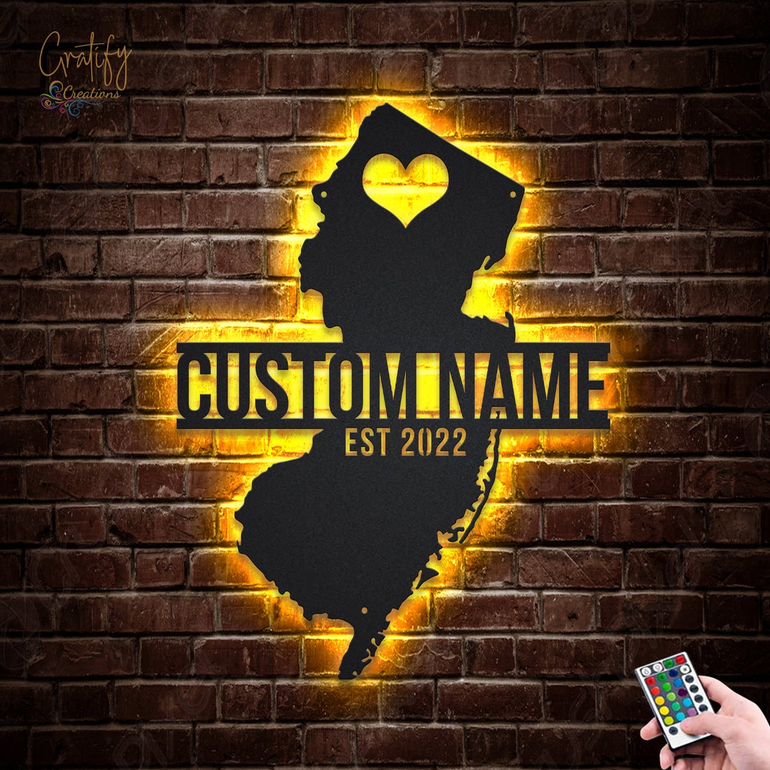 New Jersey State Map Metal LED Lights, Custom New New Jersey Metal Wall ...