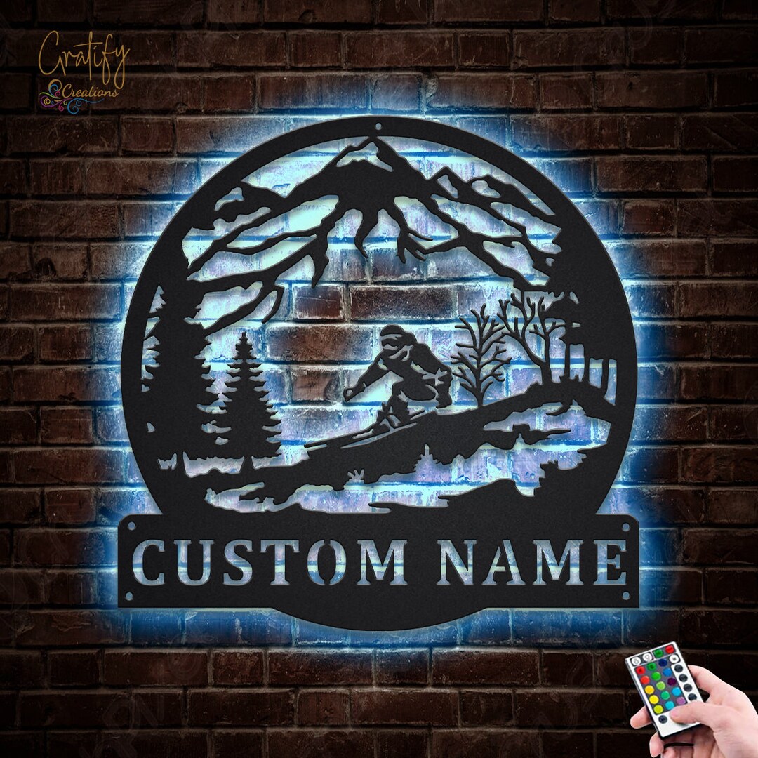 Skiing Monogram Metal Sign With LED Lights, Custom Snow Skiing Metal ...