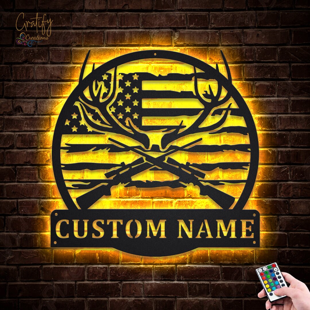 Custom US Flag Deer Hunting Metal Wall Art With LED Lights, Custom Deer ...