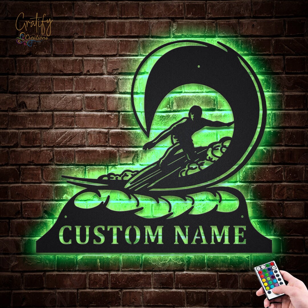 Surfing Metal Sign LED Lights V4, Custom Surfing Sport Metal Sign ...