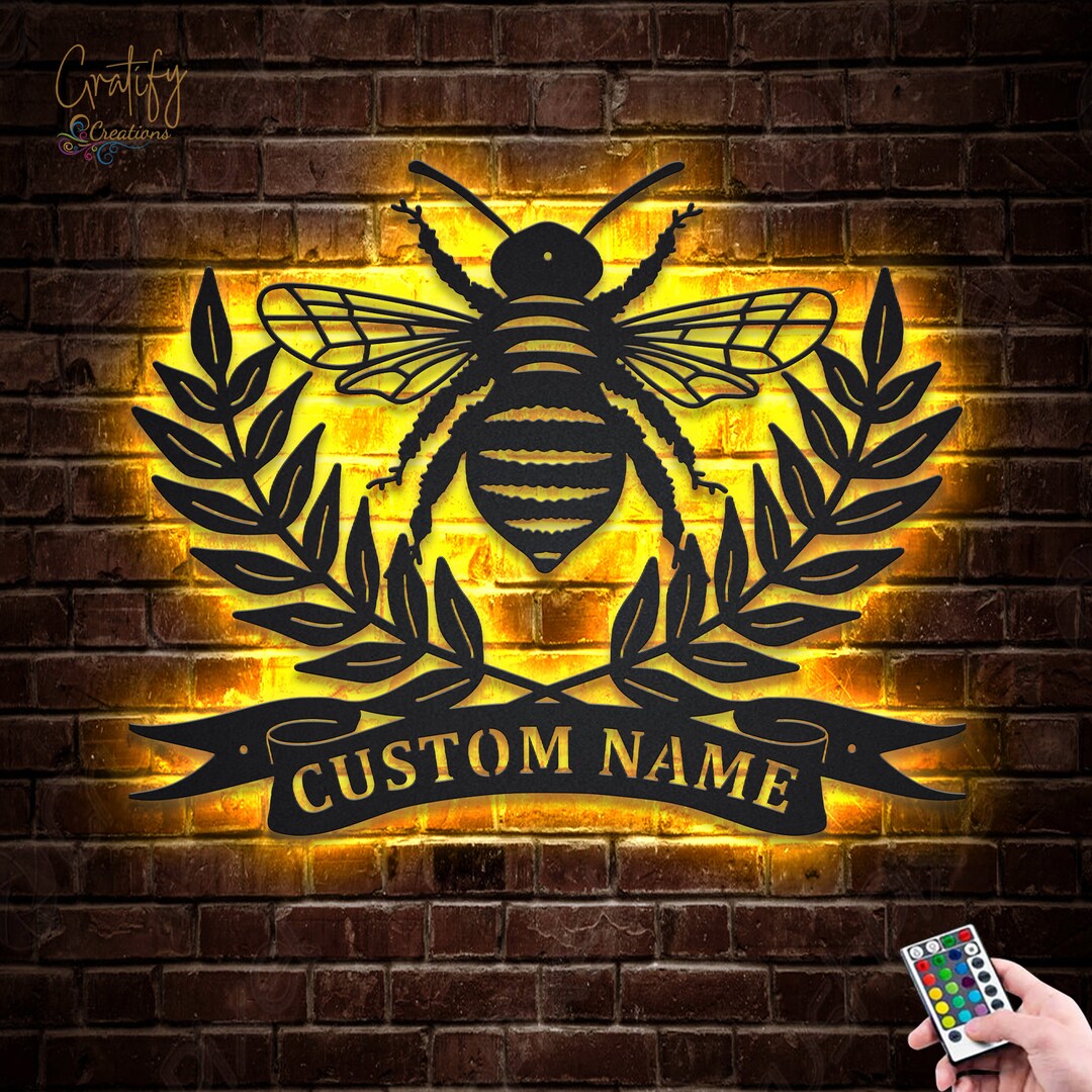 Bee Metal Sign LED Lights V3, Custom Honey Bee Metal Sign, Bee ...