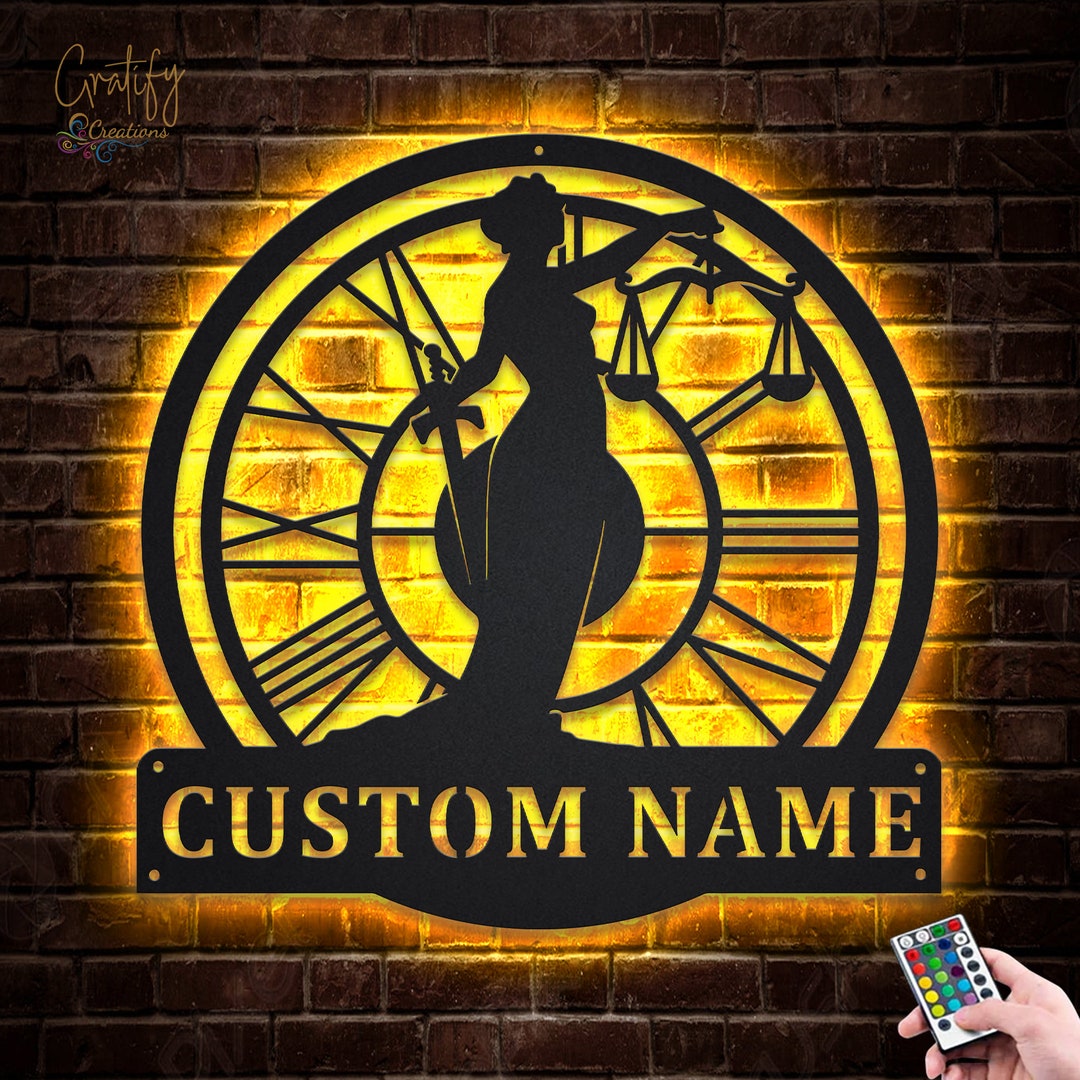 Lady Justice Metal Sign LED Lights V4, Custom Lady Justice Metal Signs ...
