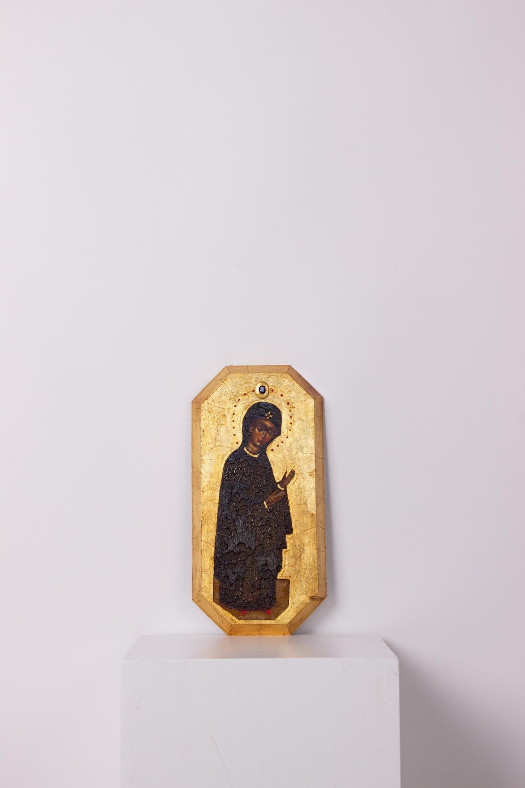 Virgin Mary Icon on Gold Leaf, Antique Wood, Hand-painted With Sapphire ...