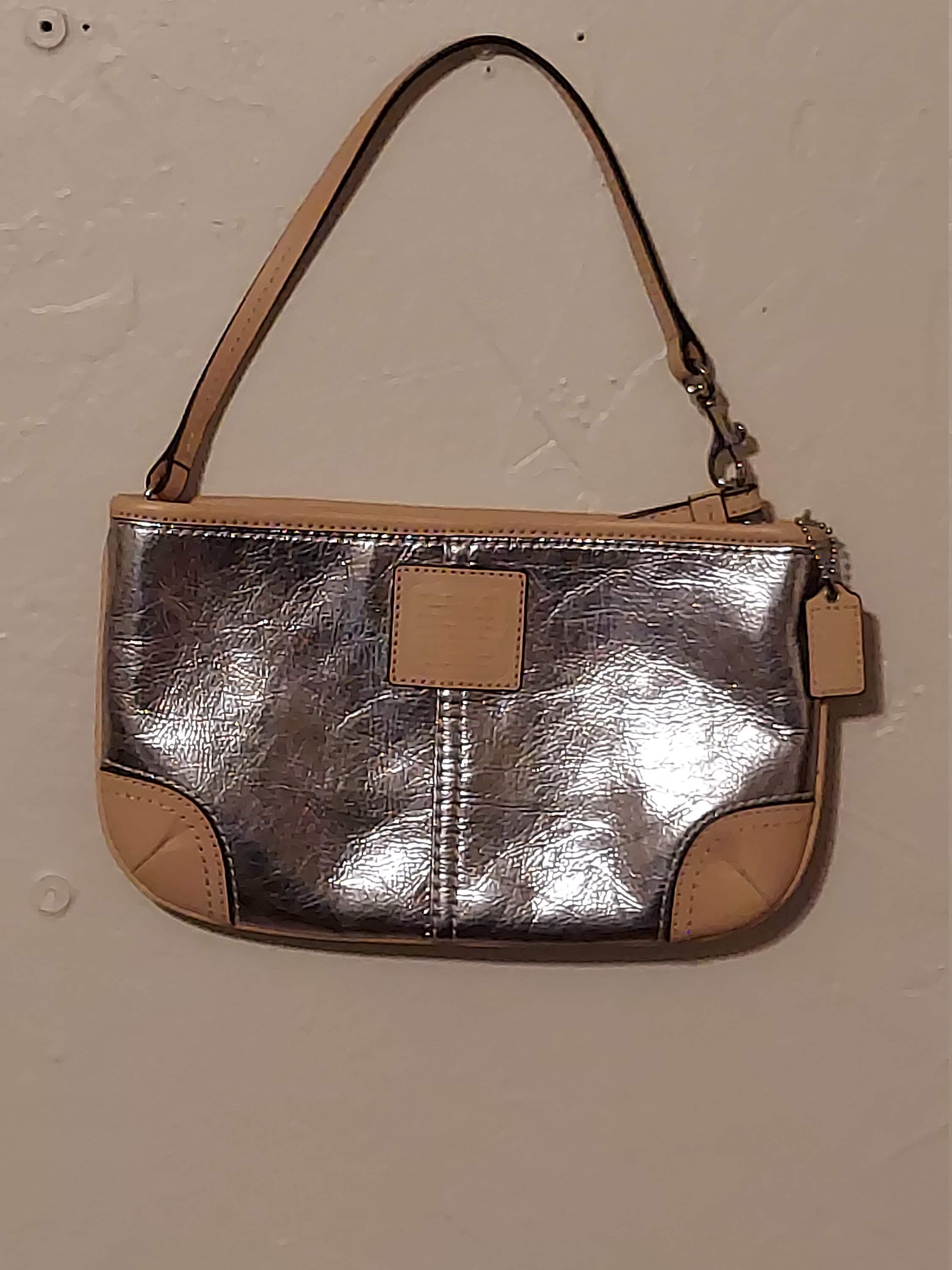 Coach Silver Metallic Wristlet With Beige Leather Trim - Etsy New Zealand