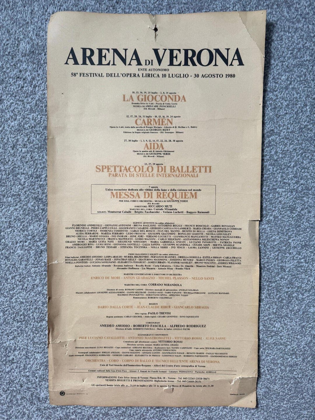 1980 Arena Di Verona Italy Italian Opera Festival Poster Carmen/aida/la ...