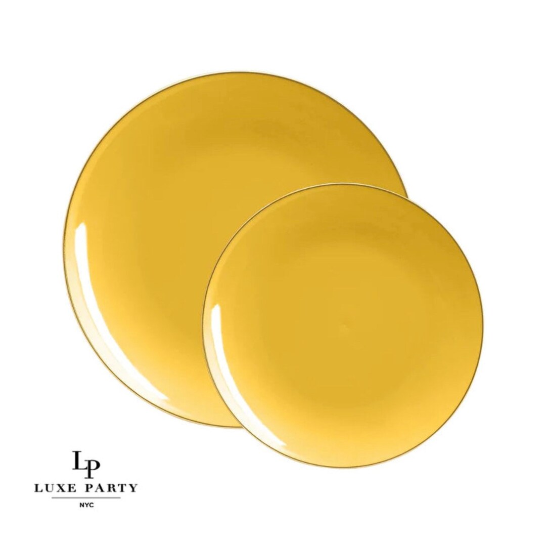 Yellow Premium Round Plates • Gold Rim Plastic Reusable Plates | 10 ...