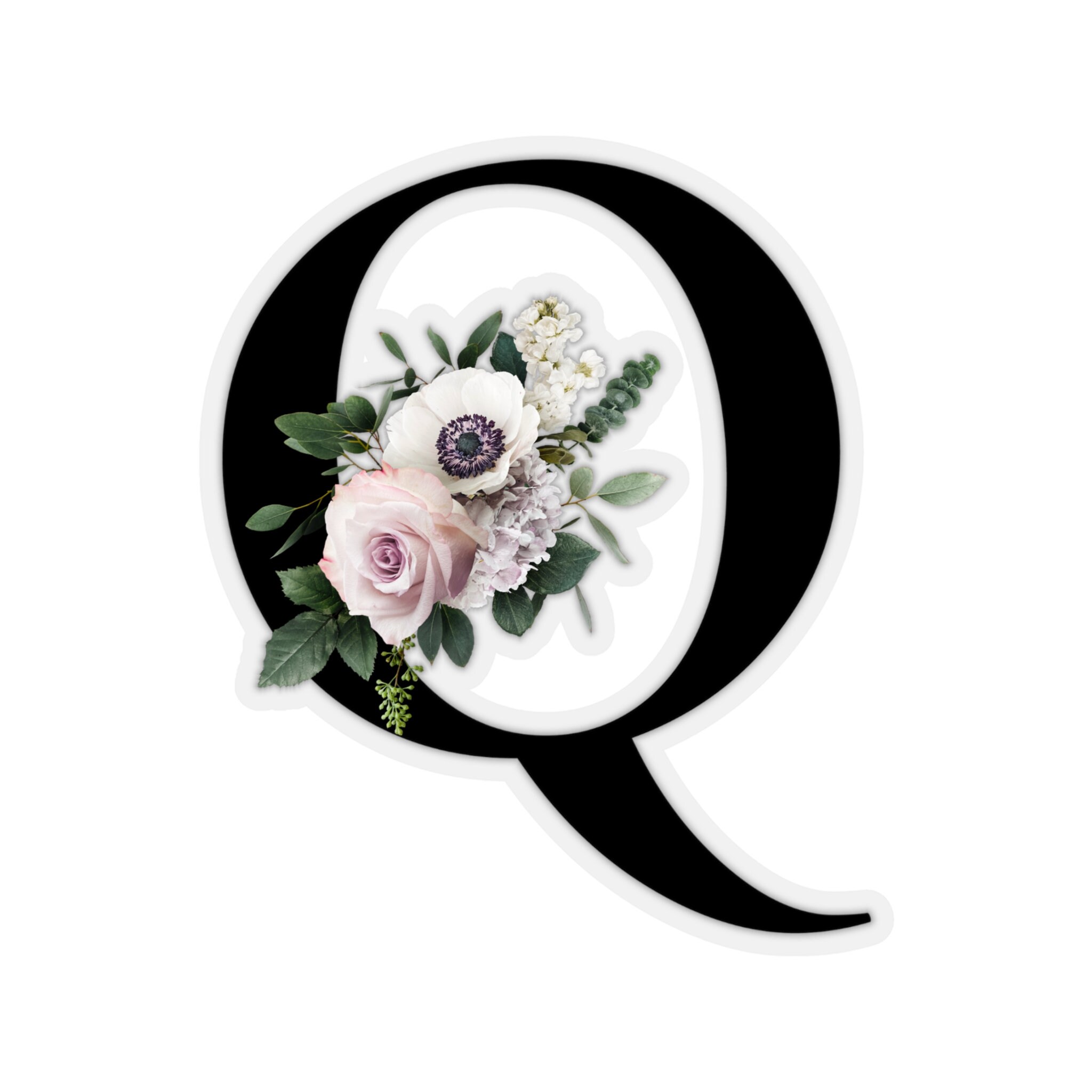 Flower Monogram Stickers, Floral Monogram Letter Q Sticker, Alphabet Q ...