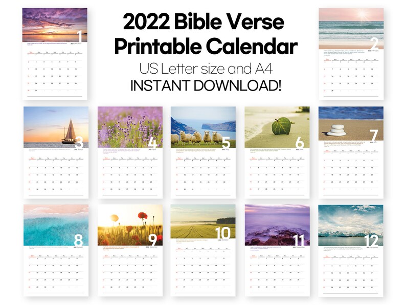 2022 Bible Verse Calendar Printable, 2022 Nature Calendar, US Letter ...