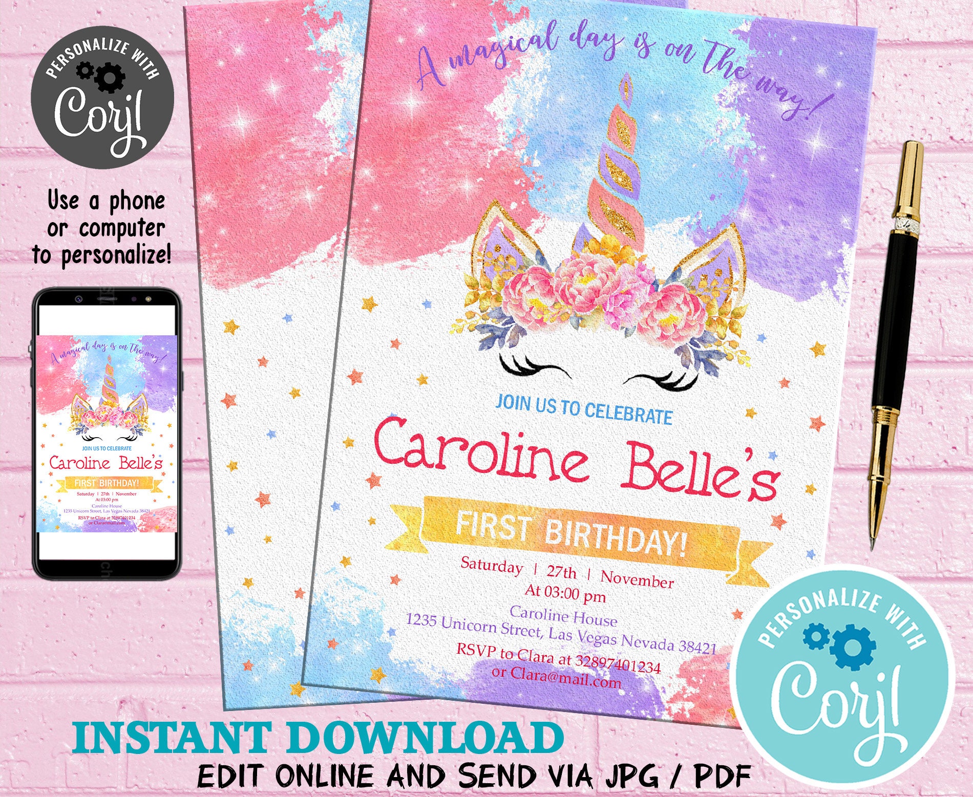 Paper & Party Supplies Pretty Unicorn Invitation Corjl Invitation DIY ...