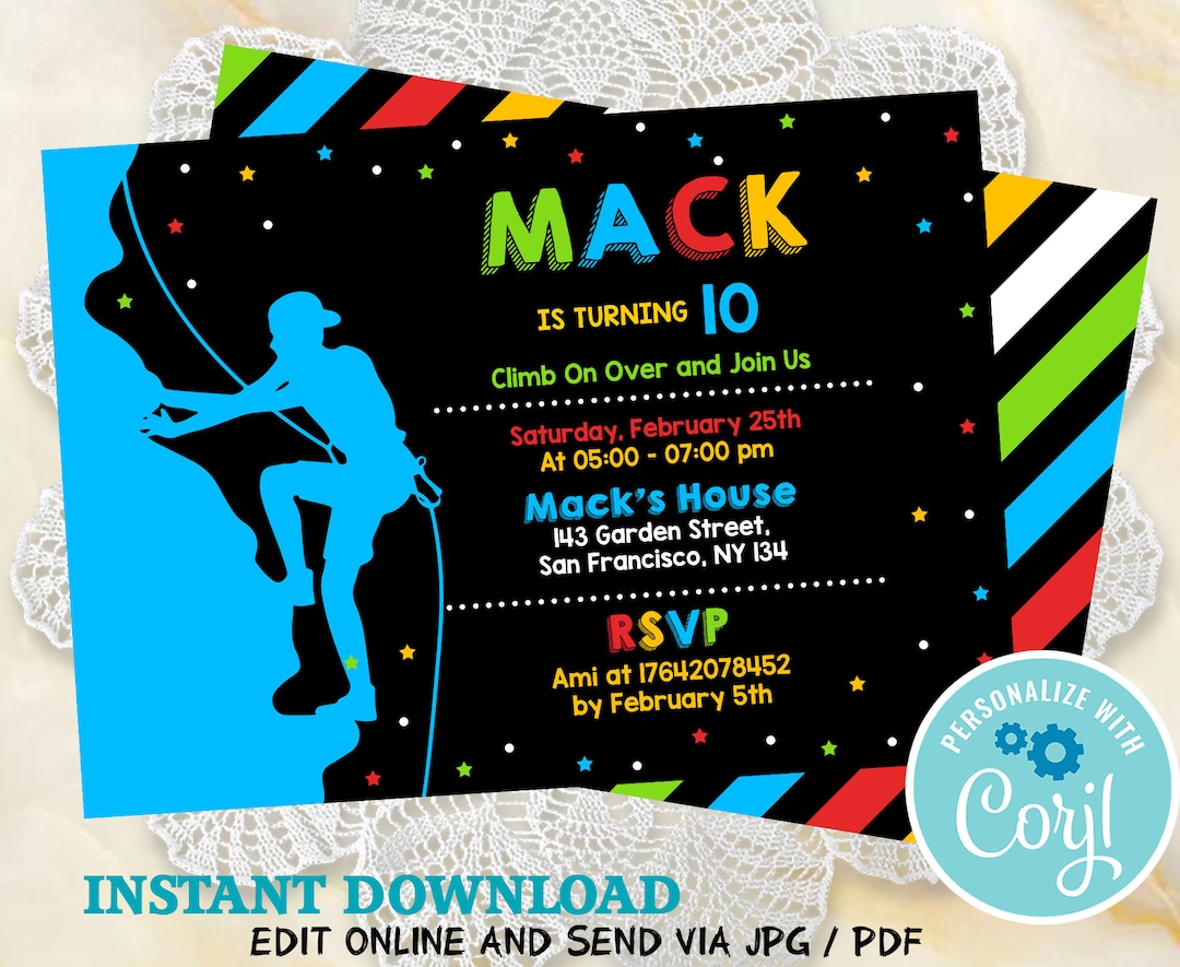 Rock Climbing Party Invitation Boys Birthday Party Invite Bright Neon ...