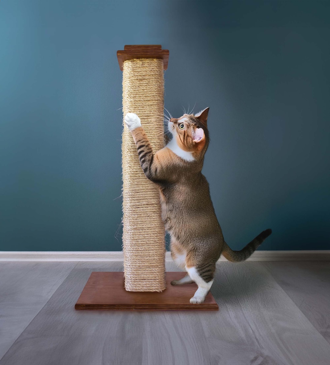 Cat Scratching Post Sisal Rope Tower Tall Kitty Clawing Scratcher Tree Handcrafted Natural Wood ...