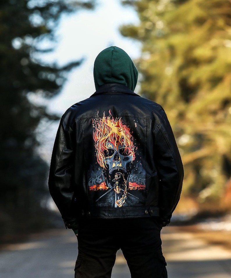 Hand Painted Leather Jacket Ghost Rider - Etsy