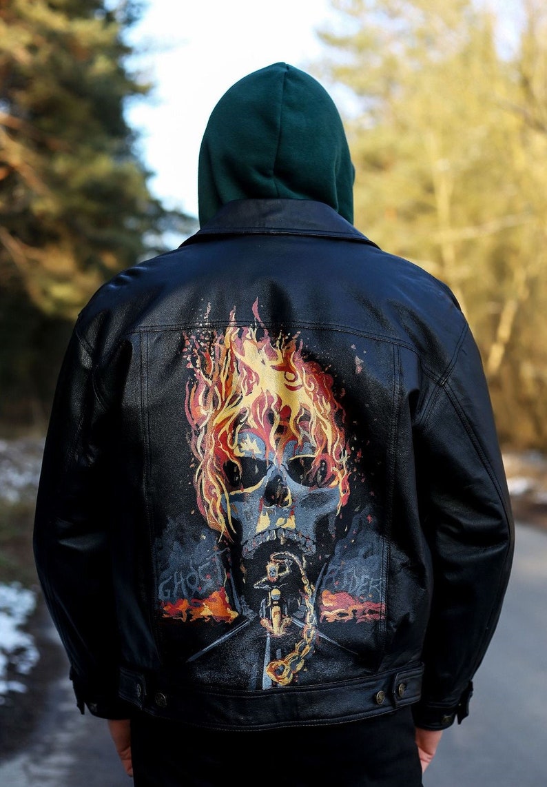 Hand Painted Leather Jacket Ghost Rider - Etsy