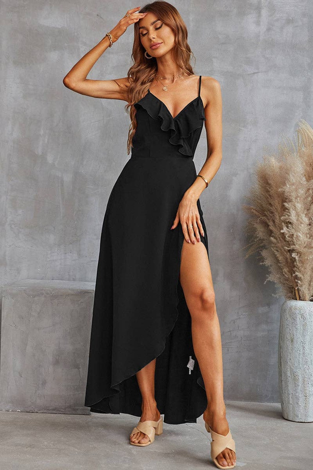Sleeveless V Neck Ruffled Solid Slit Maxi Dress Etsy
