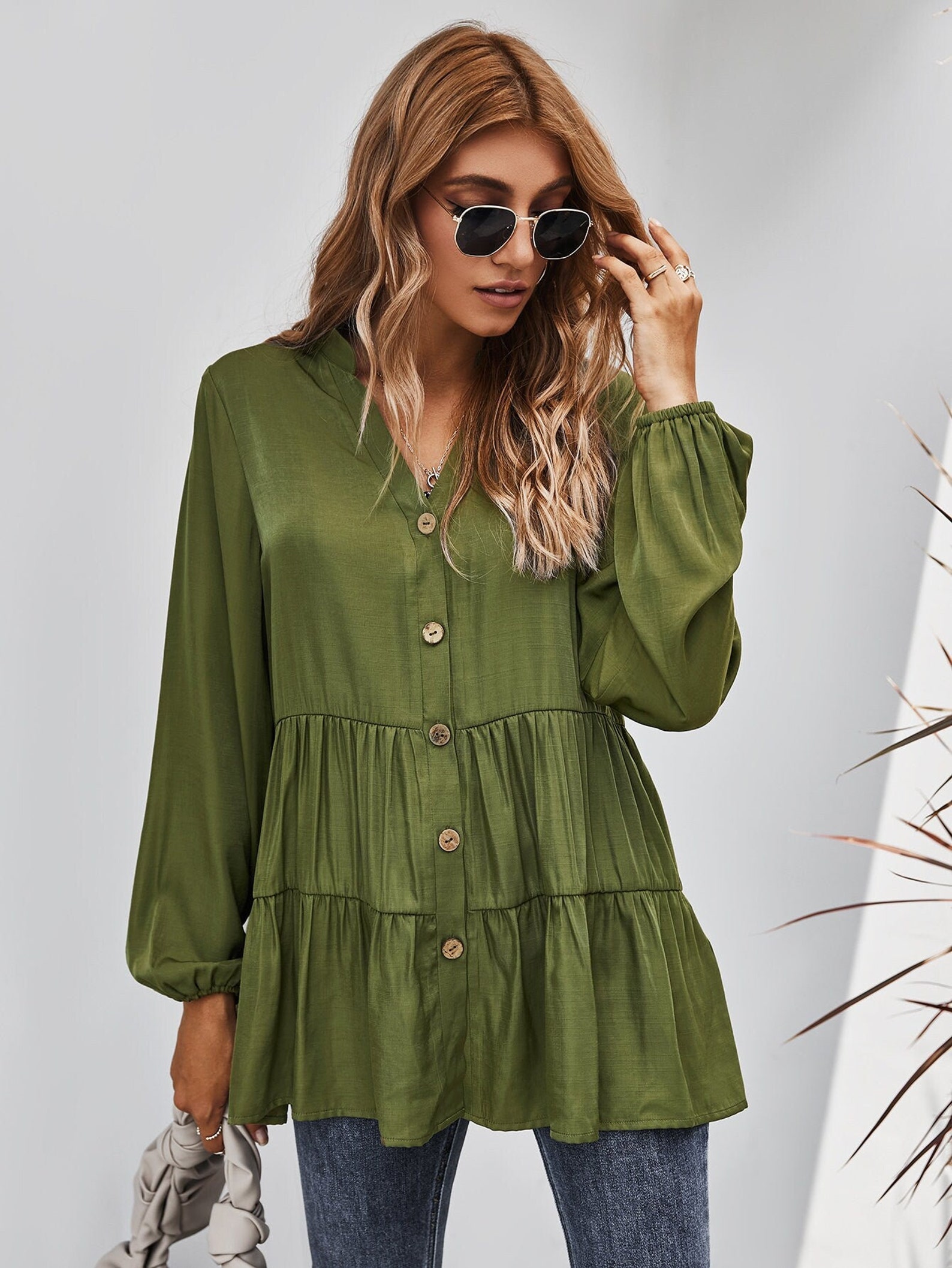 V Neck Button Down Ruffle Loose Solid Top - Etsy