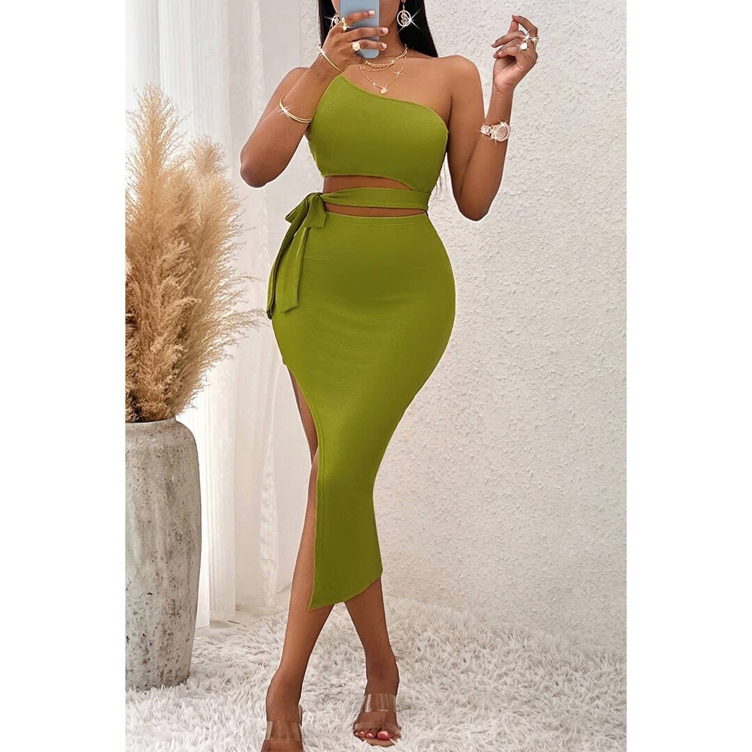 One Shoulder Cut Out Knot Solid Split Thigh Dress - Etsy