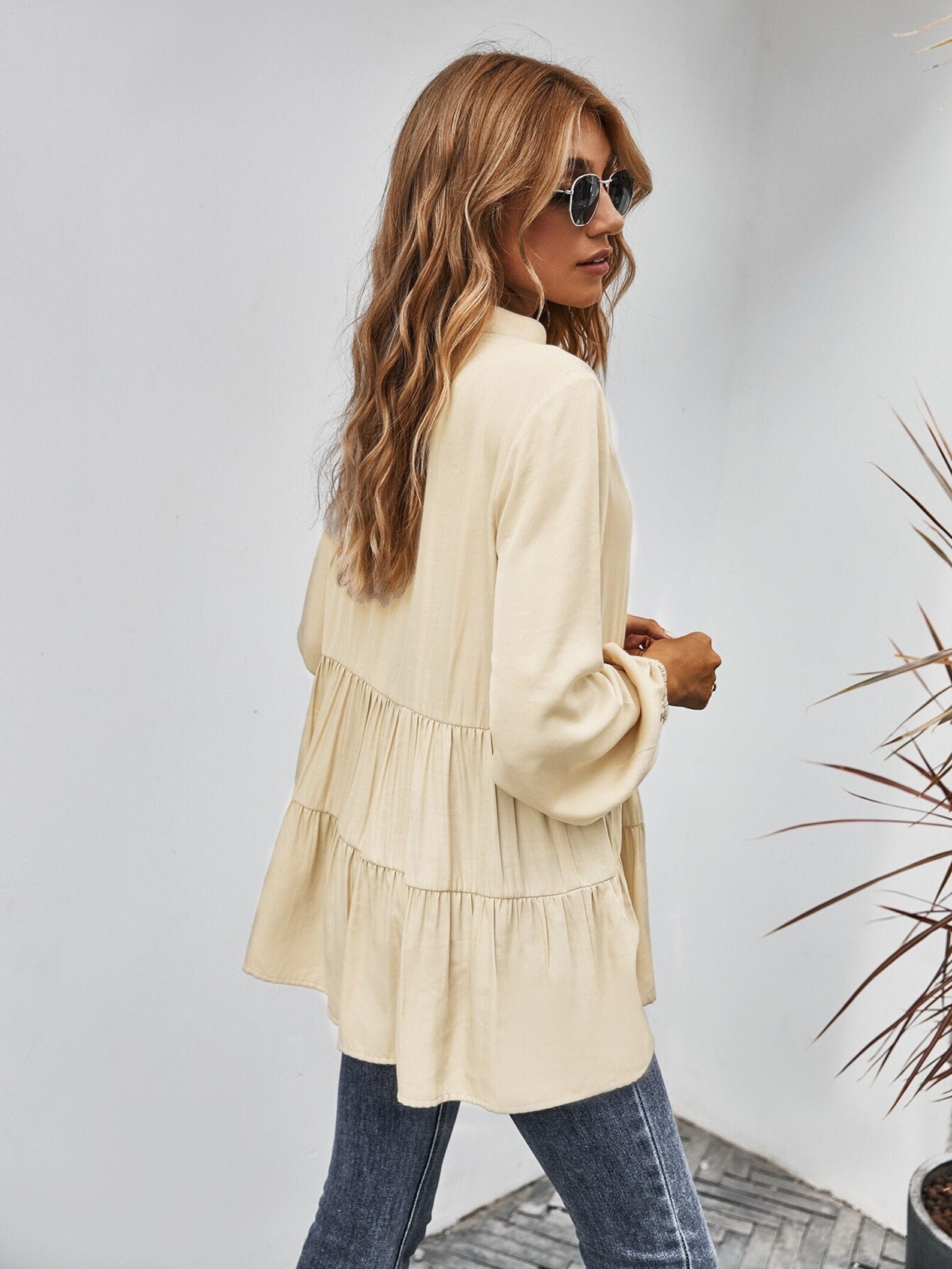 V Neck Button Down Ruffle Loose Solid Top - Etsy