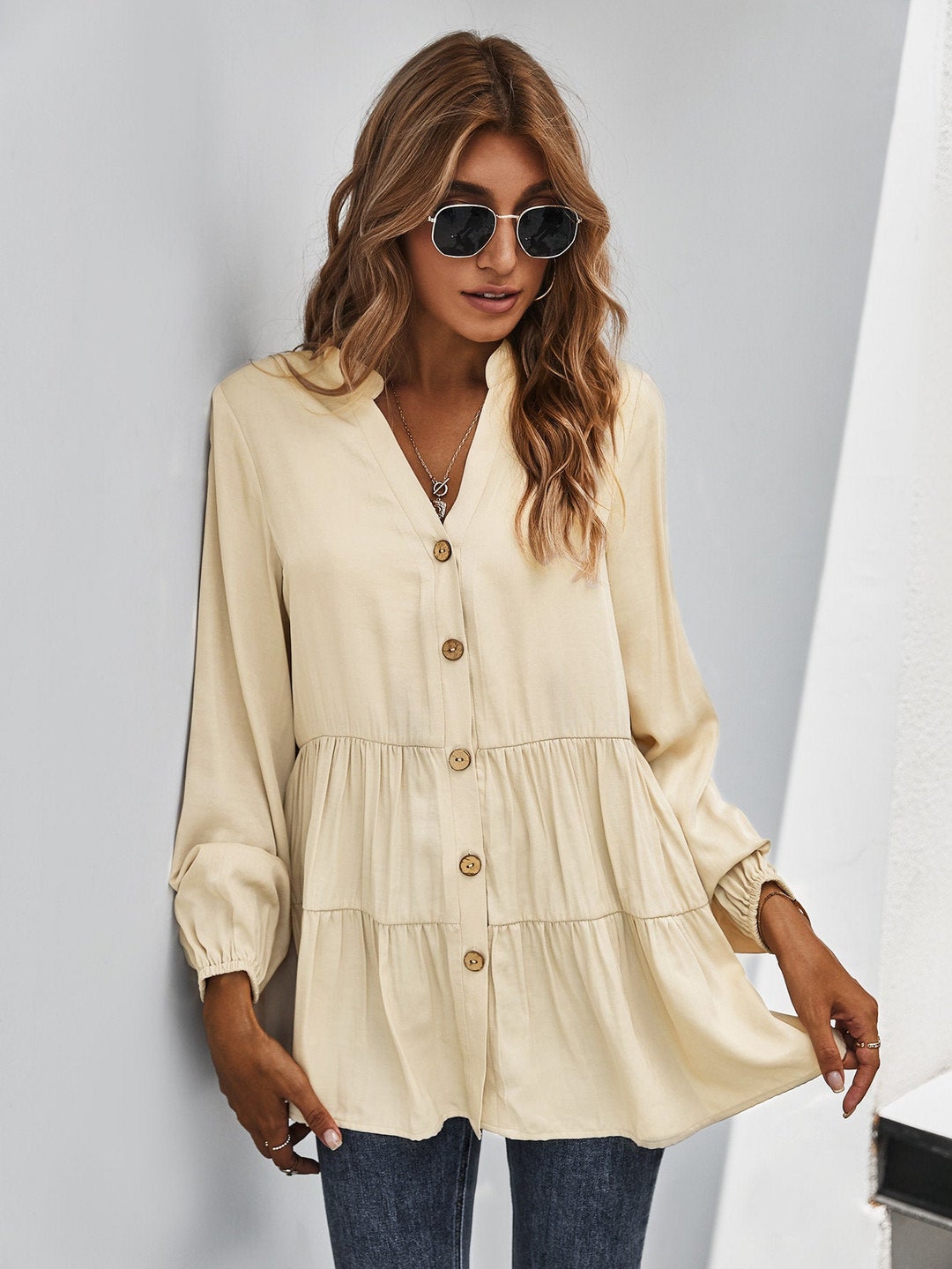 V Neck Button Down Ruffle Loose Solid Top - Etsy