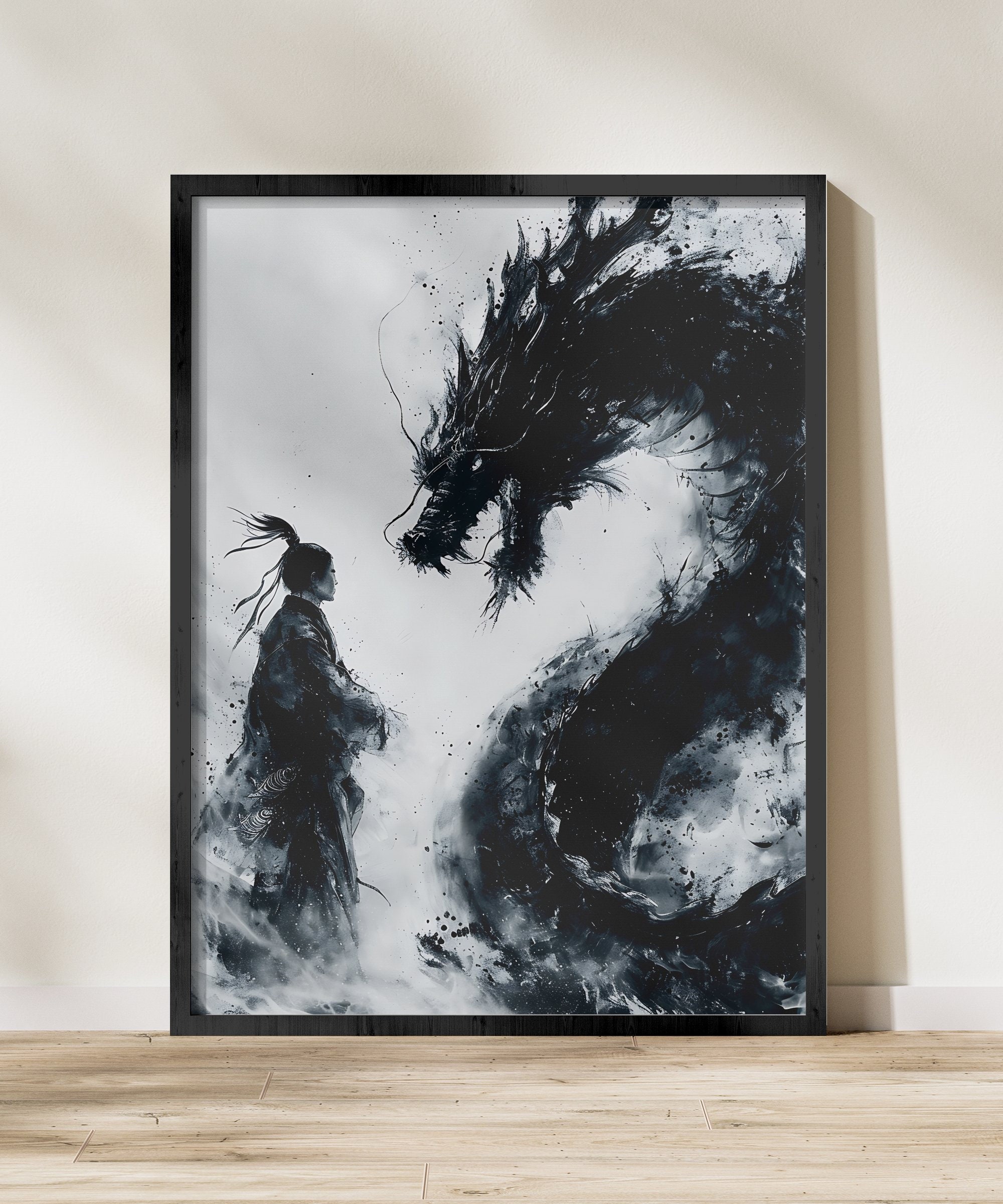 Abstract Dragon Art Print, Black and White Fantasy Creature Digital ...