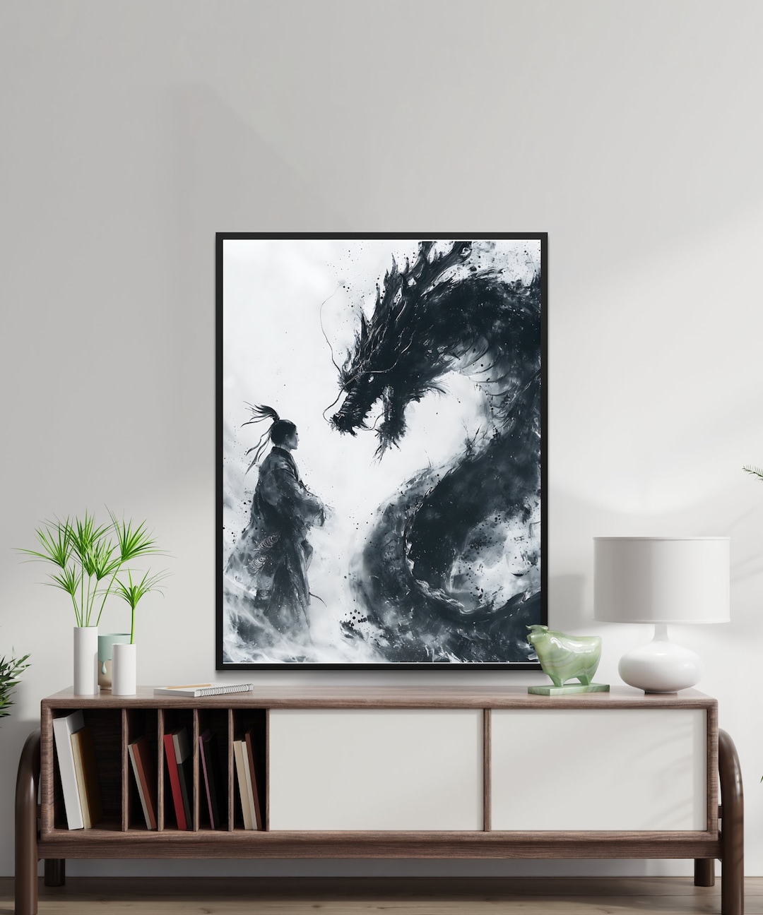 Abstract Dragon Art Print, Black and White Fantasy Creature Digital ...