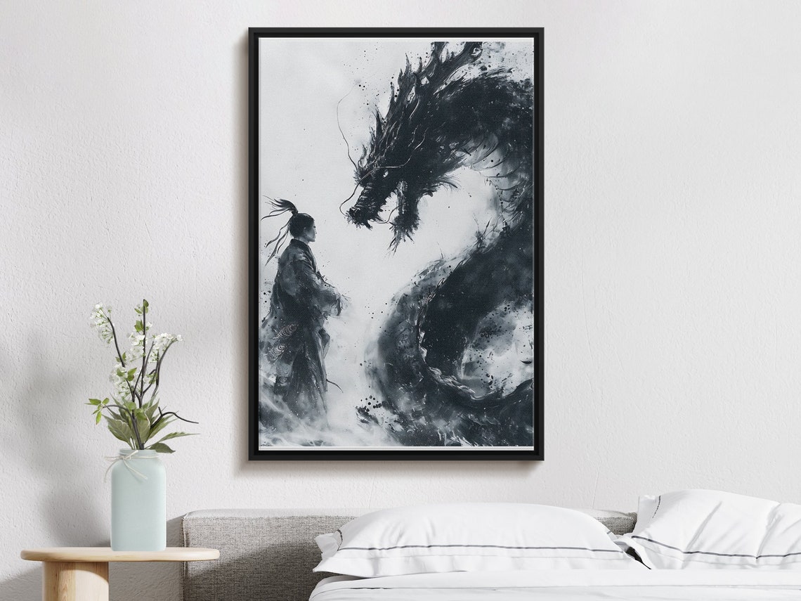 Abstract Dragon Art Print, Black and White Fantasy Creature Digital ...