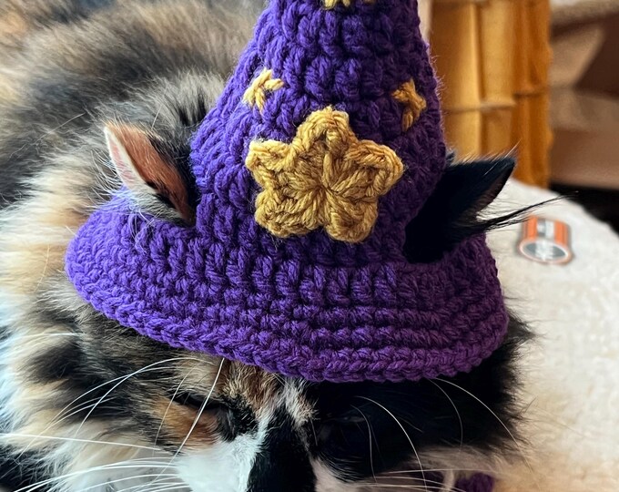 Crochet Purple Cat Wizard Hat Star Cat Wizard Hat Handmade Cat Hat Cat ...
