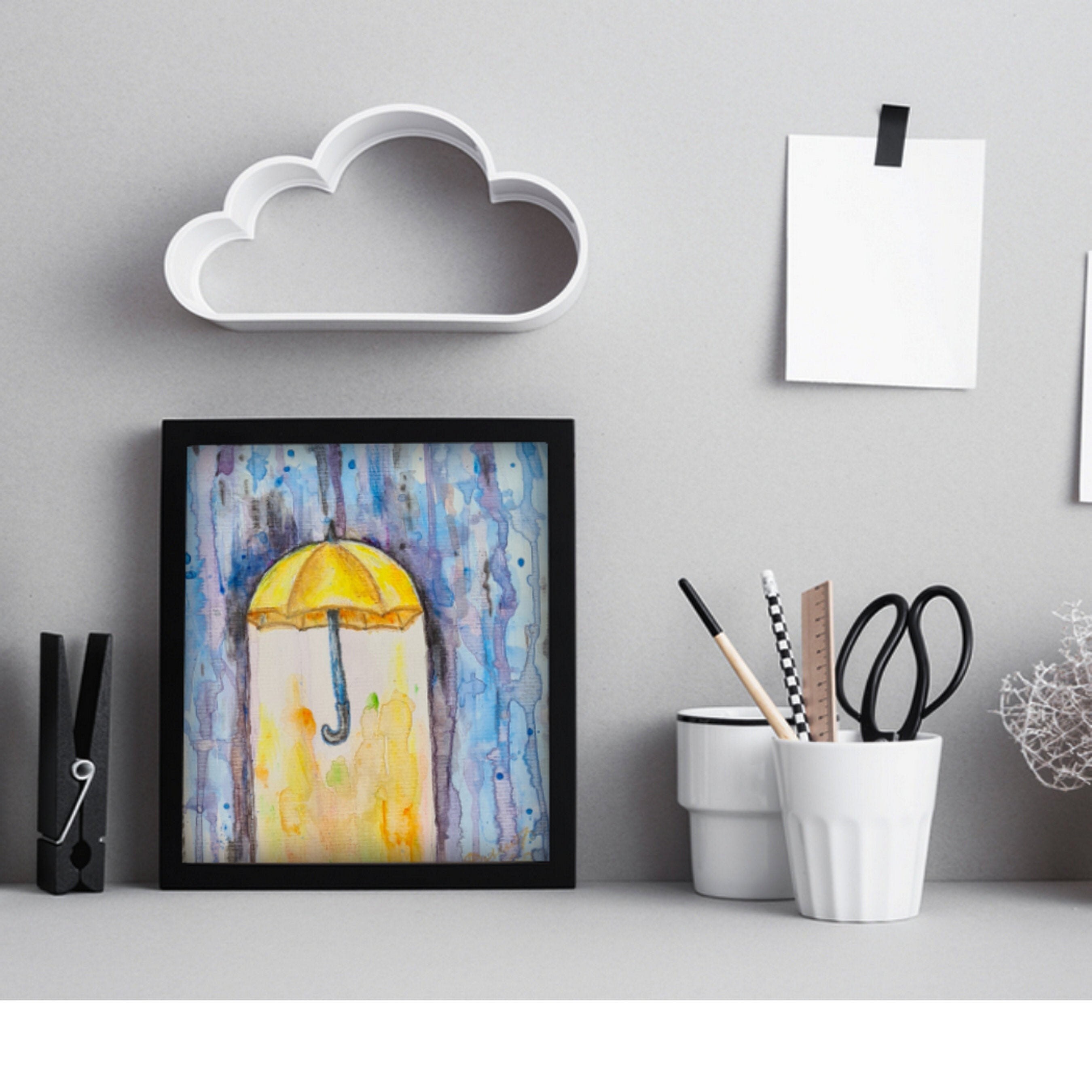 Желтый зонтик картина Маленькая акварельная работа Дождь - Etsy