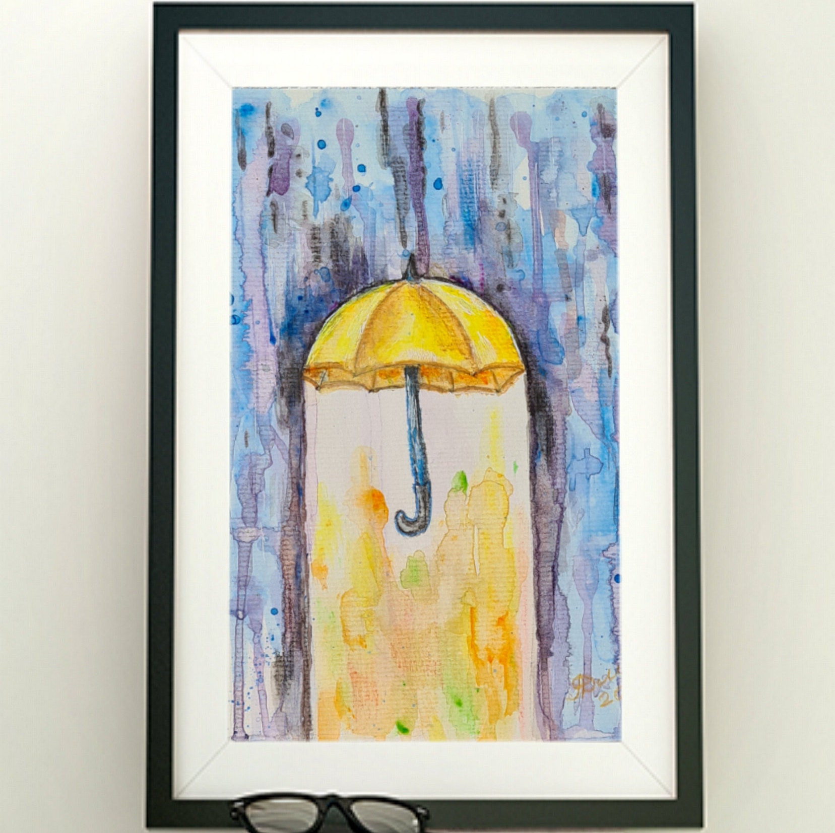Желтый зонтик картина Маленькая акварельная работа Дождь - Etsy