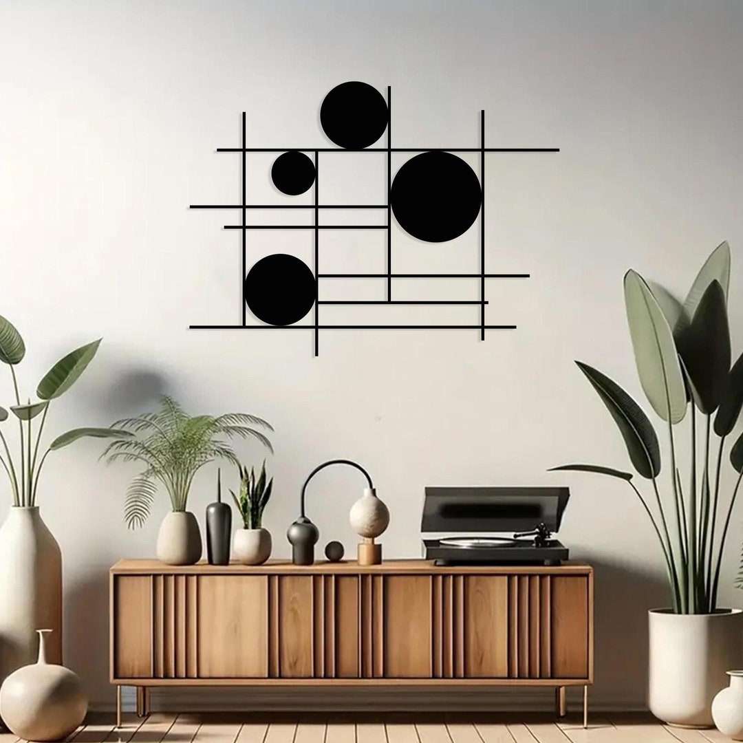 Abstract Modern Metal Wall Art, Geometric Wall Decor, Circle Line Wall ...