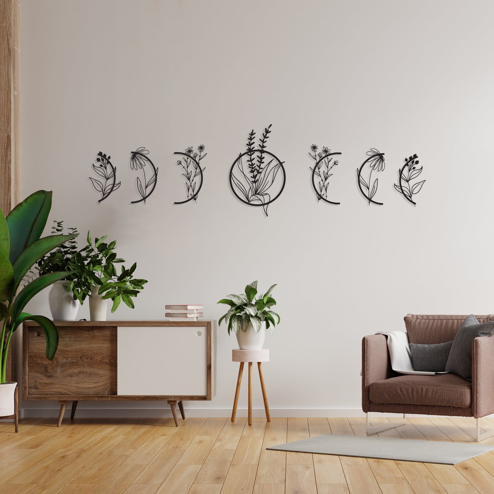 Moon Wall Hanging Metal Moon Phases Floral Wall Art Set - Etsy