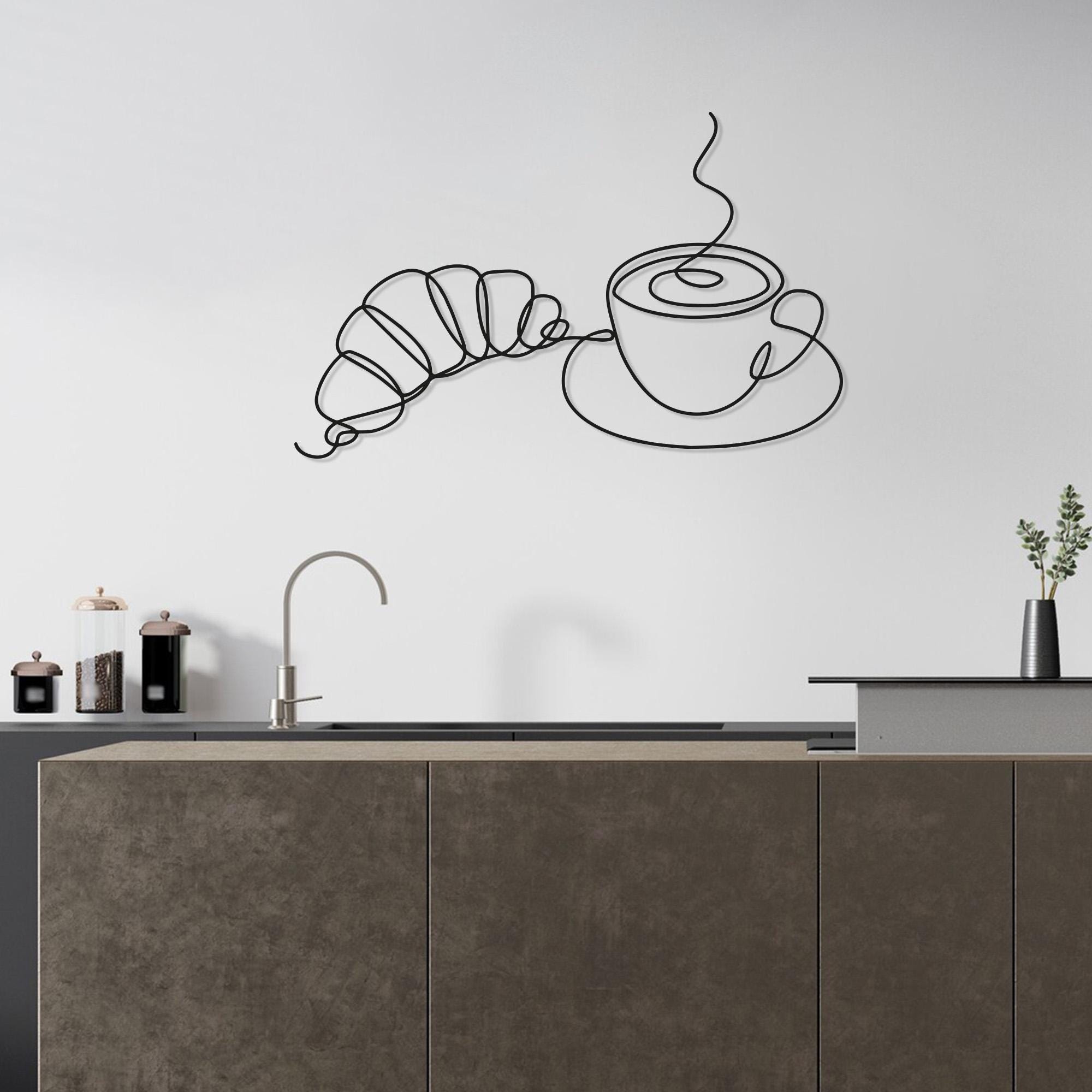 Croissant and Coffee Metal Wall Art: Minimalist Kitchen Decor - Etsy