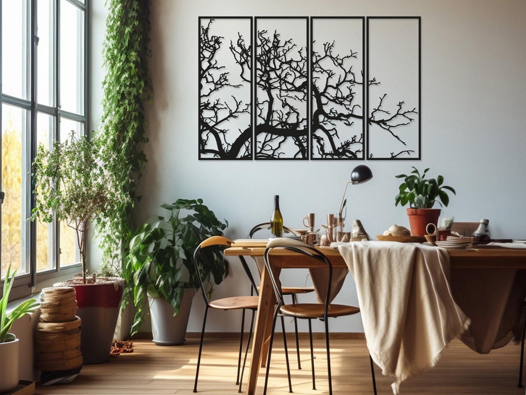Set of 4 Metal Tree Silhouette Wall Art, Branch of Tree Metal Wall ...