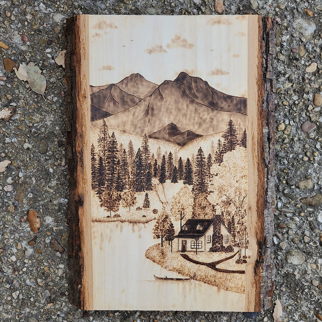 Pyrography lake Cabin in the Mountains on Bark - Etsy