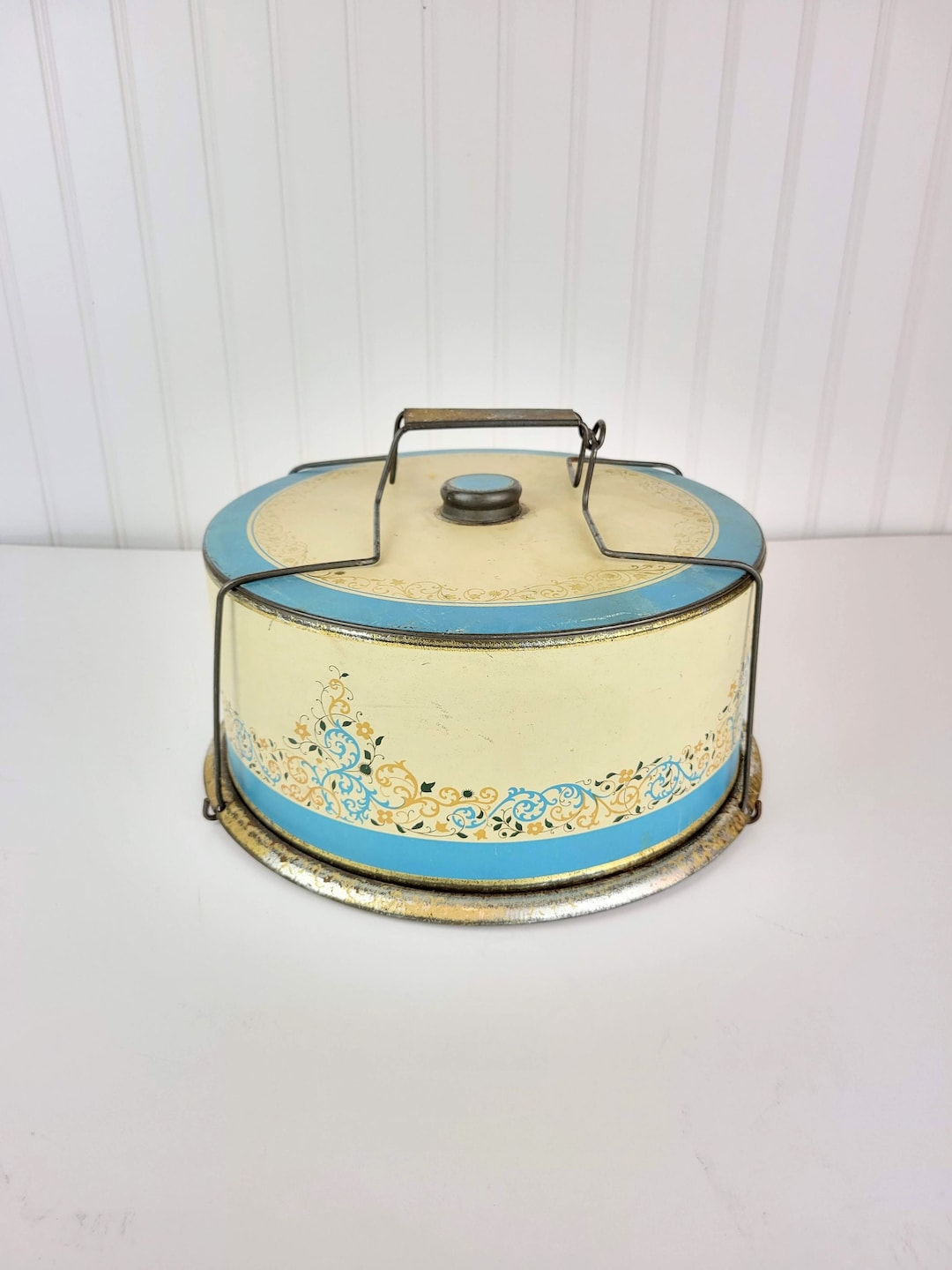 Vintage Cake Carrier, Turquoise Metal Cake Taker, Blue Floral Design ...