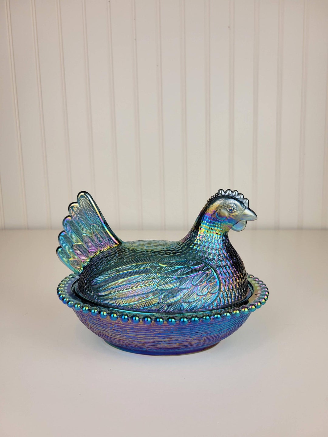 Blue Iridescent Hen on Nest, Vintage Indiana Glass Chicken Candy Dish ...