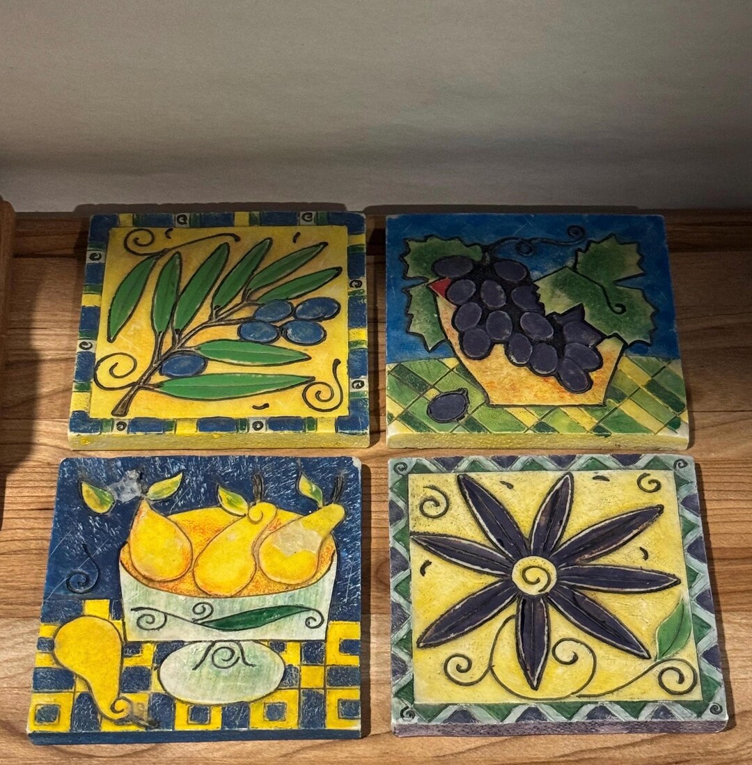 Vintage Mediterranean Olive Grape Pear Ceramic Tile Coasters Set of 4 ...