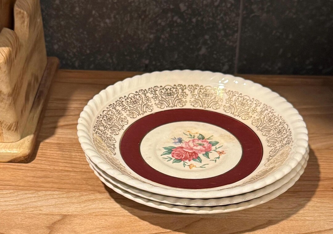 Vintage Rose Point Plates 22K Gold Trim Floral Set of 3,burgundy Floral ...