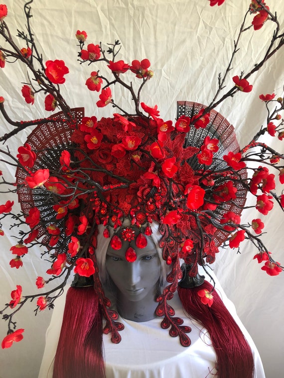 Red Cherry Blossom Headdress Photoshoot Headpiece Masquerade - Etsy
