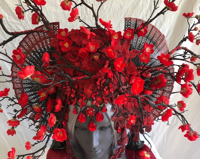 Red Cherry Blossom Headdress Photoshoot Headpiece Masquerade ...