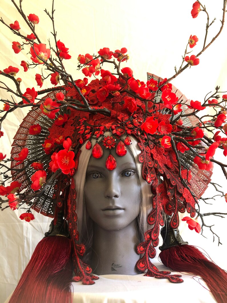 Red Cherry Blossom Headdress Photoshoot Headpiece Masquerade - Etsy