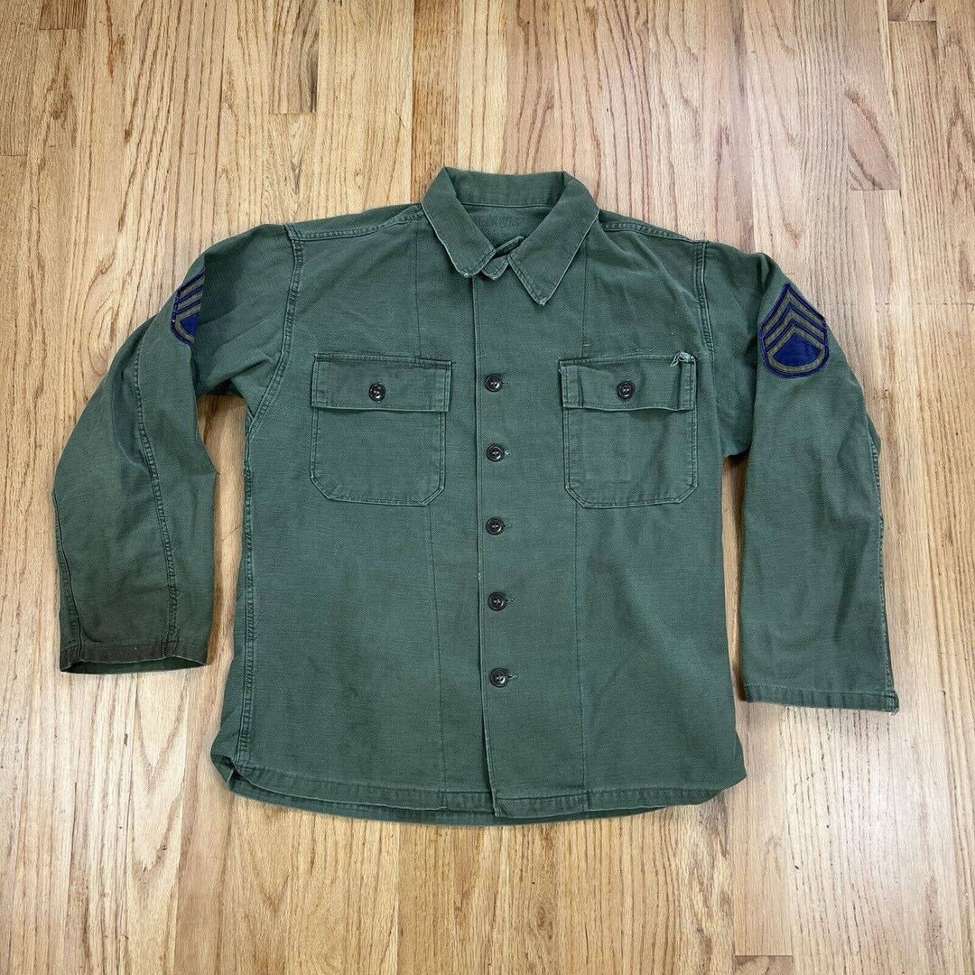 Vintage US Army Sateen Mens Button up Long Sleeve Shirt Jacket Military ...