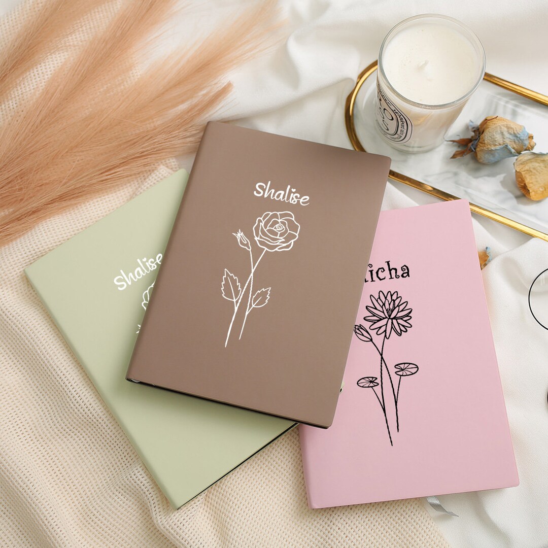 Personalized Birth Flower Journal Notebook, Leather Journal, Custom ...