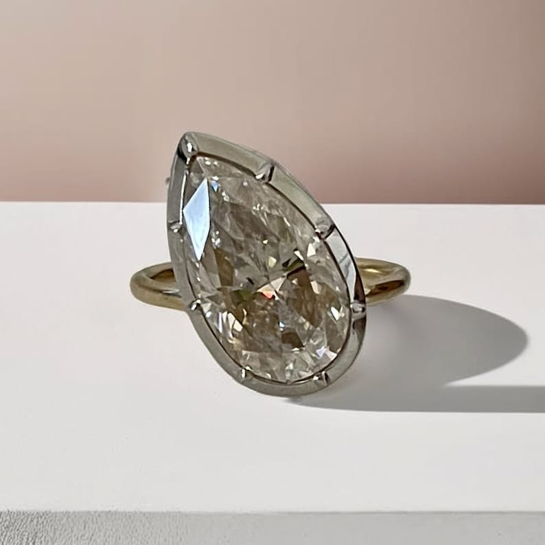 6 Carat Georgian Victorian Tilted Pear Moissanite Ring in 18K Gold ...
