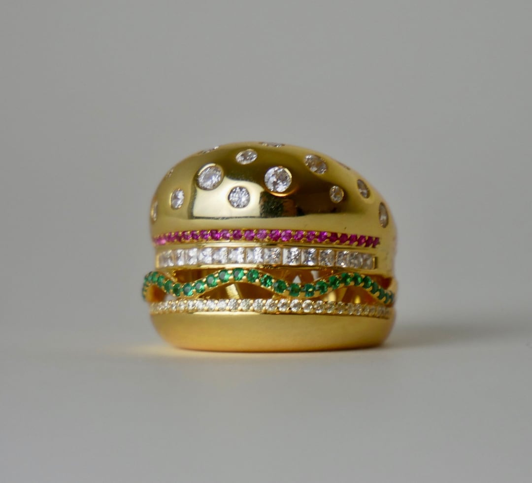 18K Yellow Gold Plated Hamburger or Veggie Burger Ring - Etsy