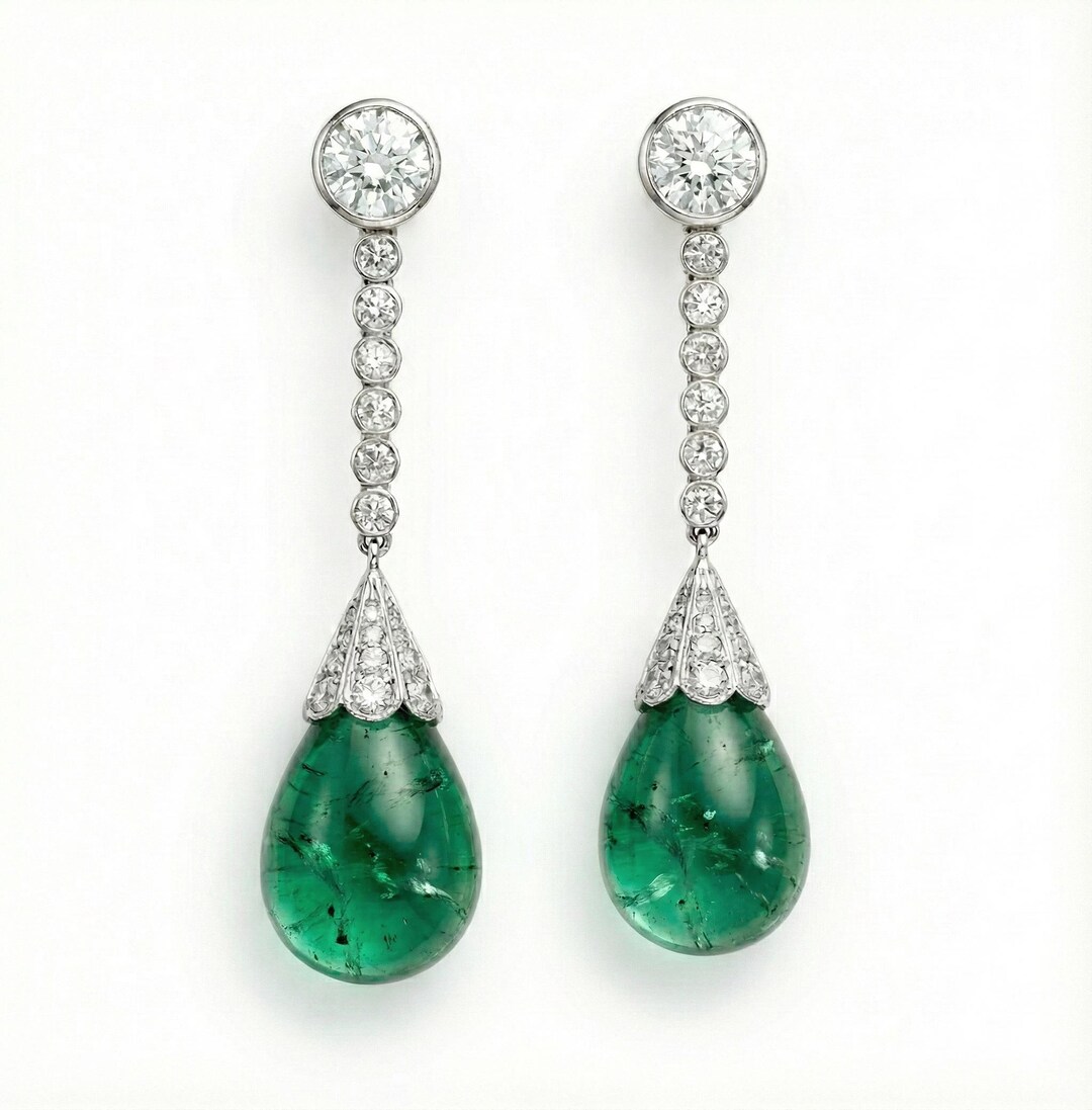 Platinum Drop Earrings With Tear Drop Lab Emeralds & Lab Diamond or ...