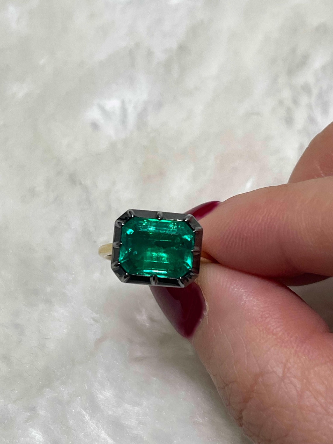Georgian Victorian Emerald Cut Emerald Button Back Collet Ring - Etsy